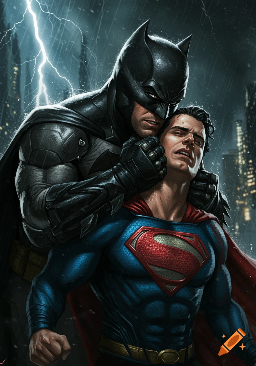 Realistic illustration of Batman holding Superman by the neck in the ...