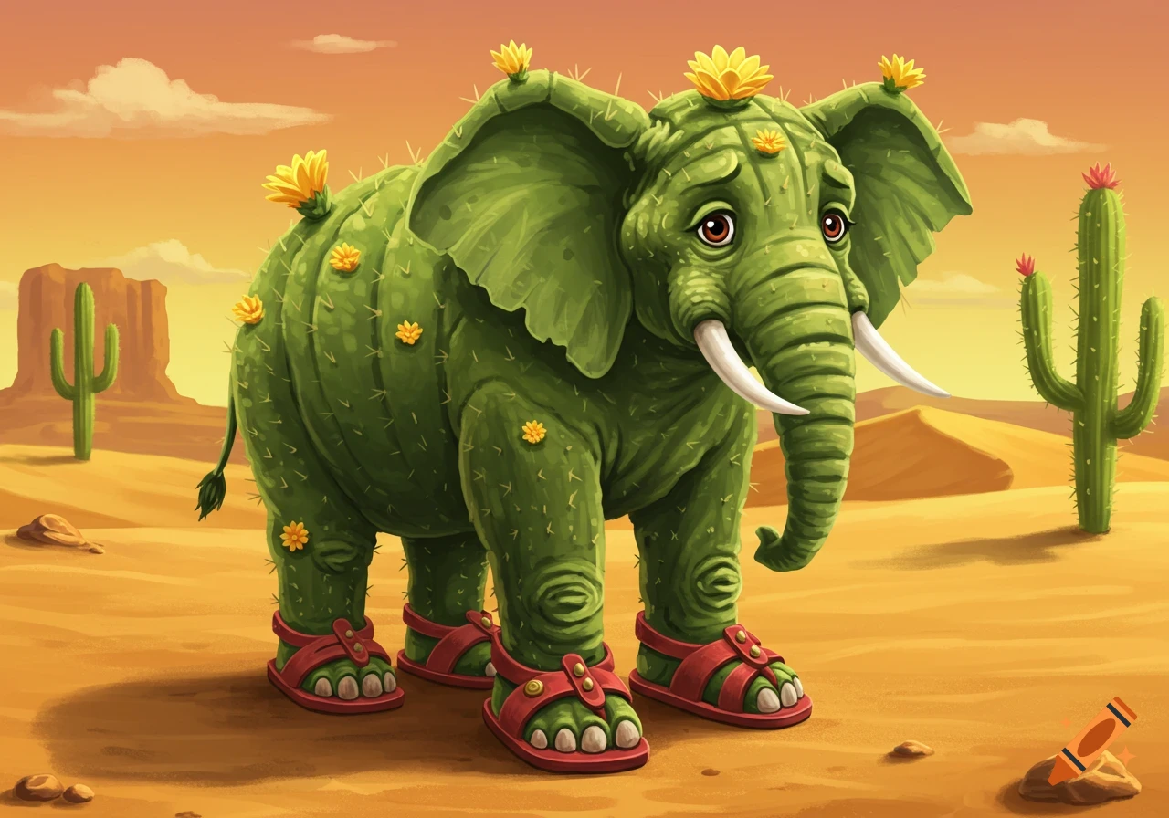 Cartoon cactus elephant wearing sandals in a desert. on Craiyon