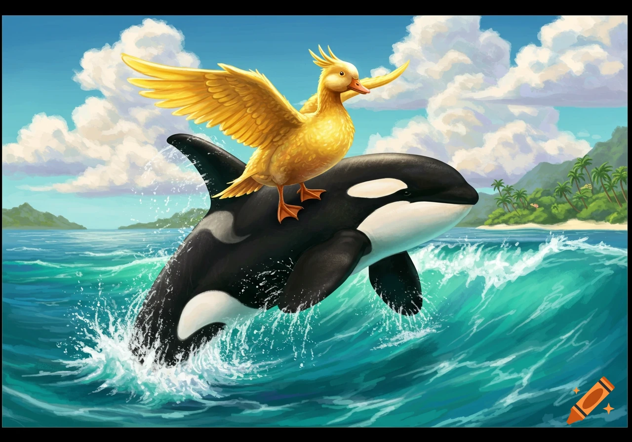 A golden bird rides on an orca in the ocean near a tropical island. on ...