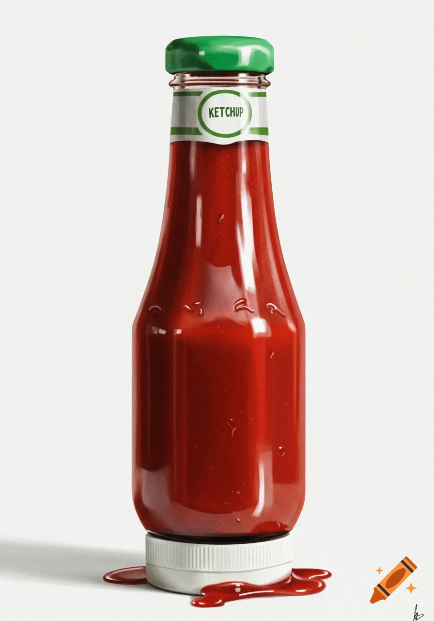 A realistic illustration of a ketchup bottle with spilled ketchup at ...