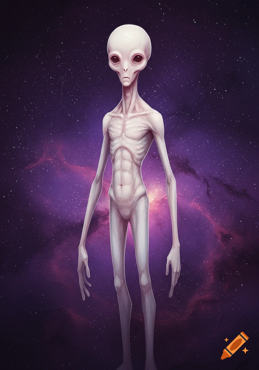 A tall, pale, thin alien with large eyes stands against a starry ...