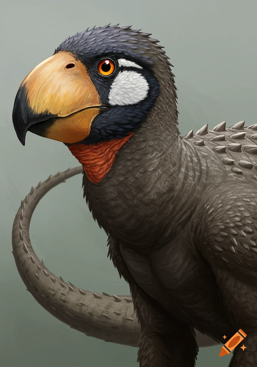 Illustration of a hybrid dinosaur creature with a large beak, dark gray ...