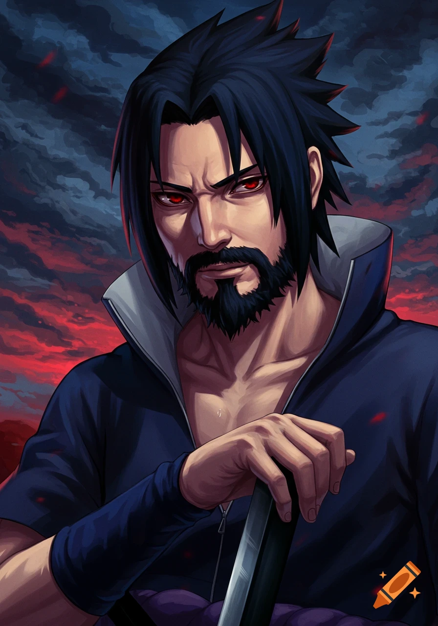 Illustration of Sasuke Uchiha with a beard, holding a sword against a ...