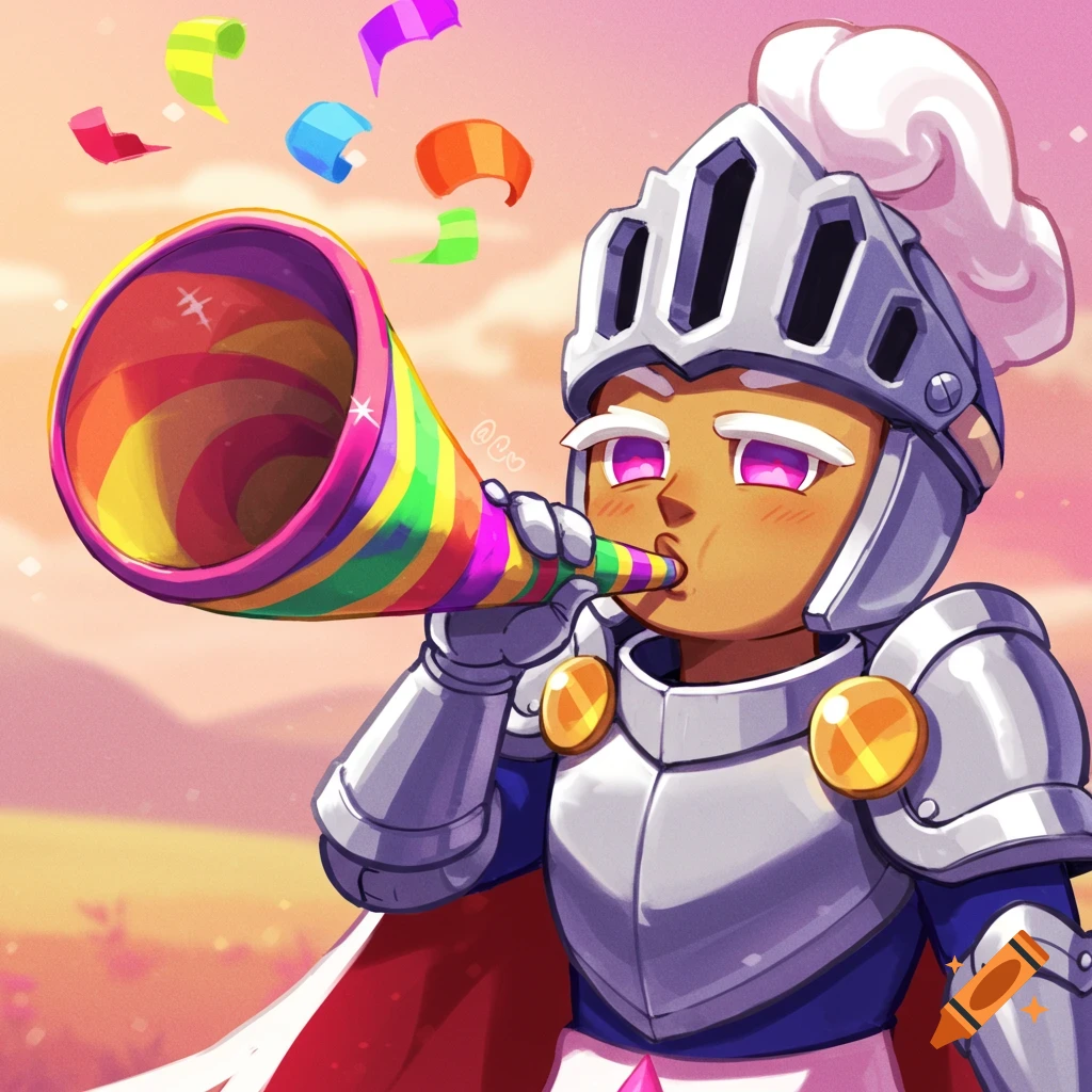 Cartoon knight character in armor blowing a rainbow party horn with ...