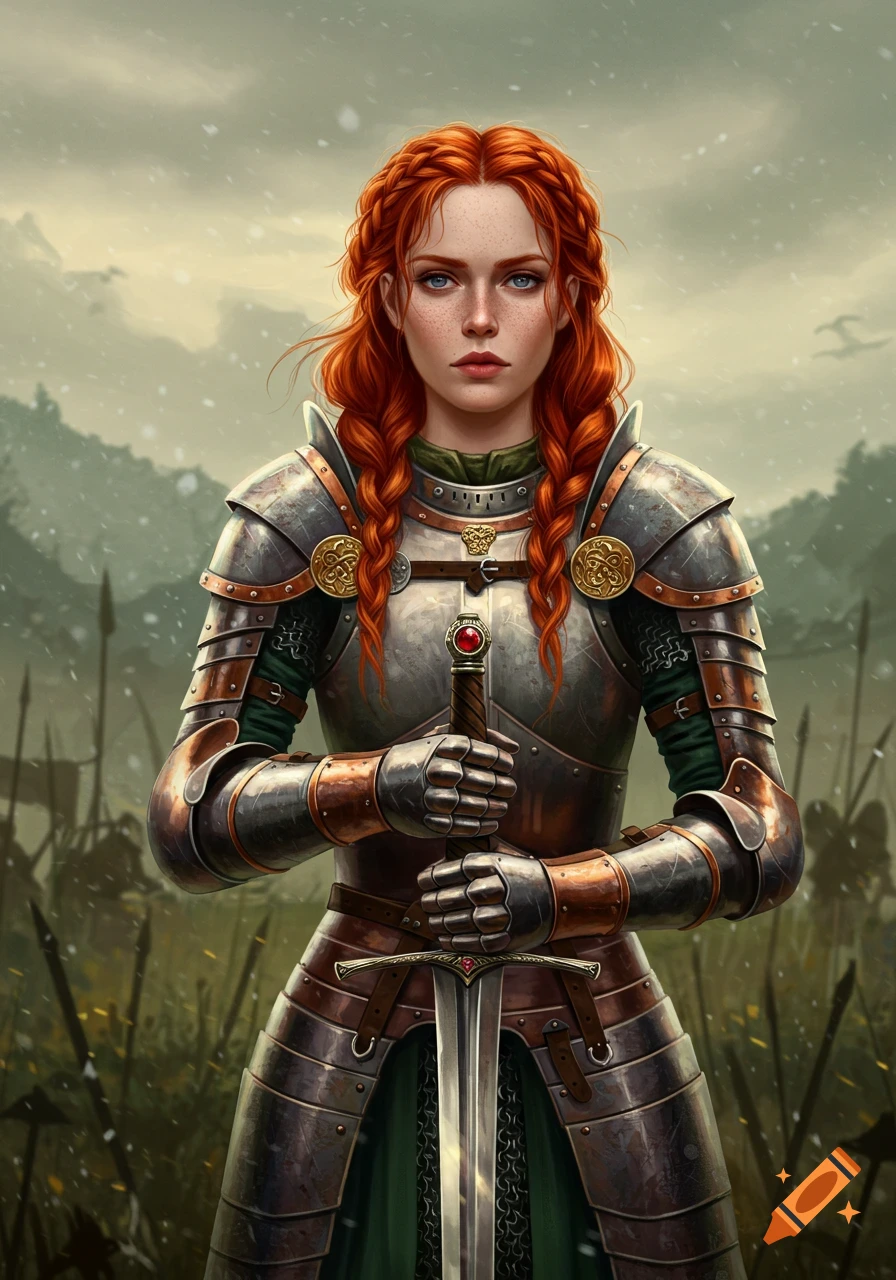 A red-headed woman in full plate armor stands in a snowy battlefield, holding a sword. on Craiyon