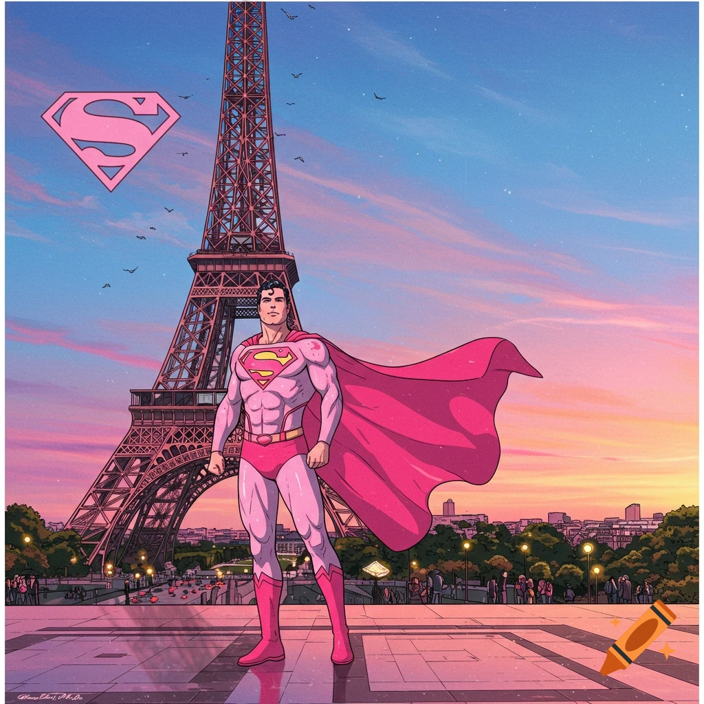 Pink-suited Superman stands before Eiffel Tower at sunset, comic style ...