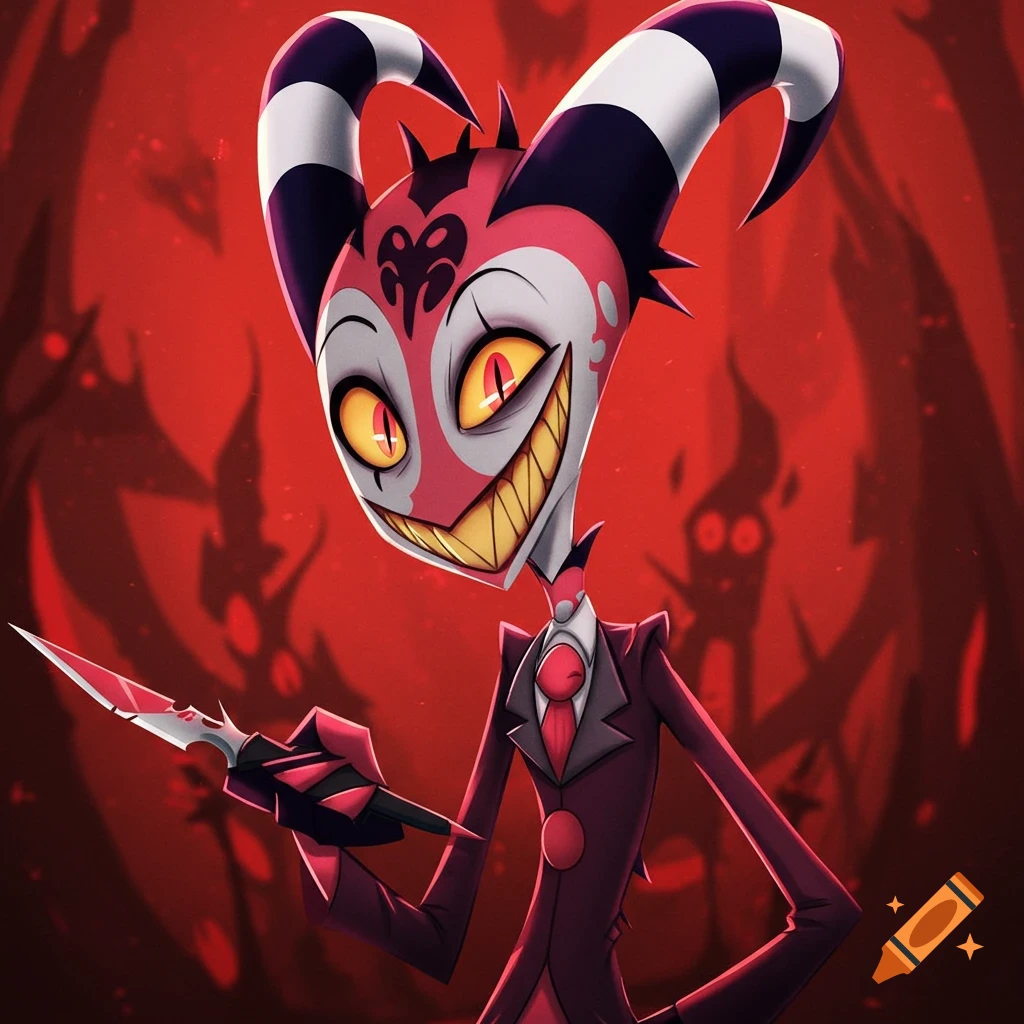 Cartoon demon character holding a knife, smiling creepily on Craiyon