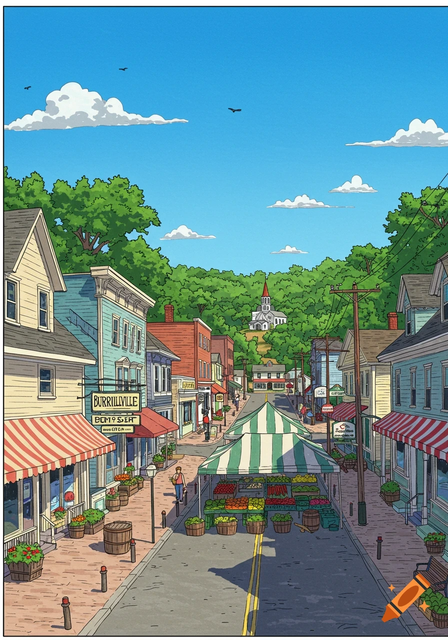 Illustration of a cartoon street scene with shops, a market stand, and ...