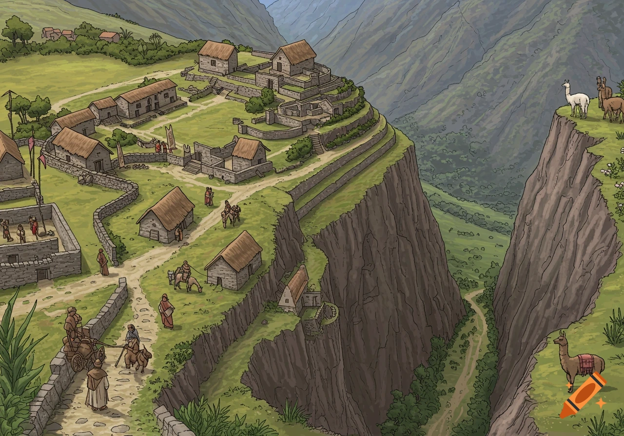 Illustration of an ancient Inca village on a mountain peak with stone ...