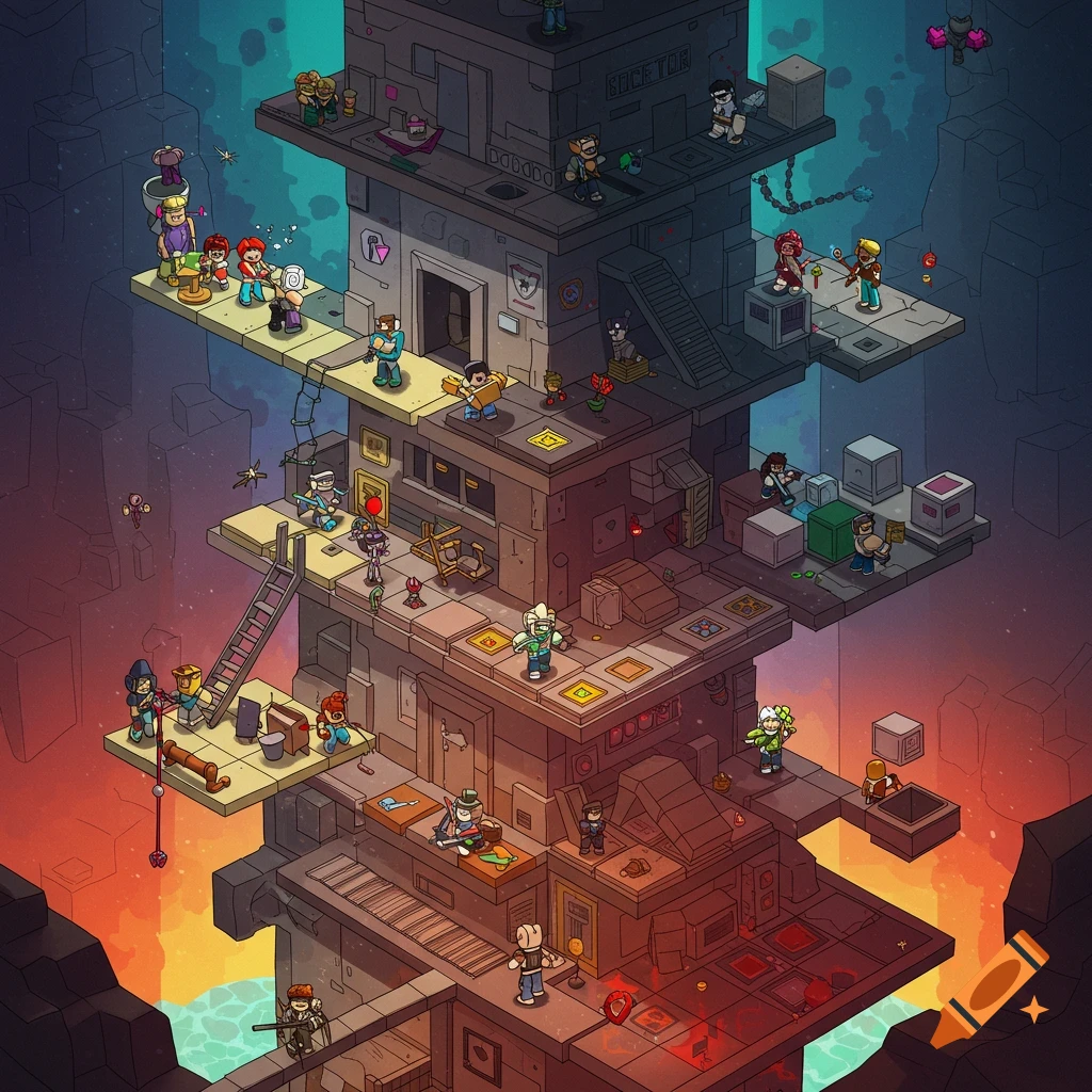 Isometric pixel art scene of characters on platforms in a multilevel ...