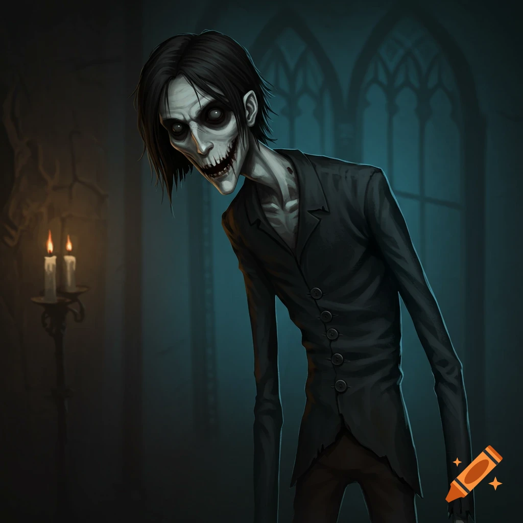 A gaunt, creepy figure with dark eyes and a wide grin stands in a dark ...