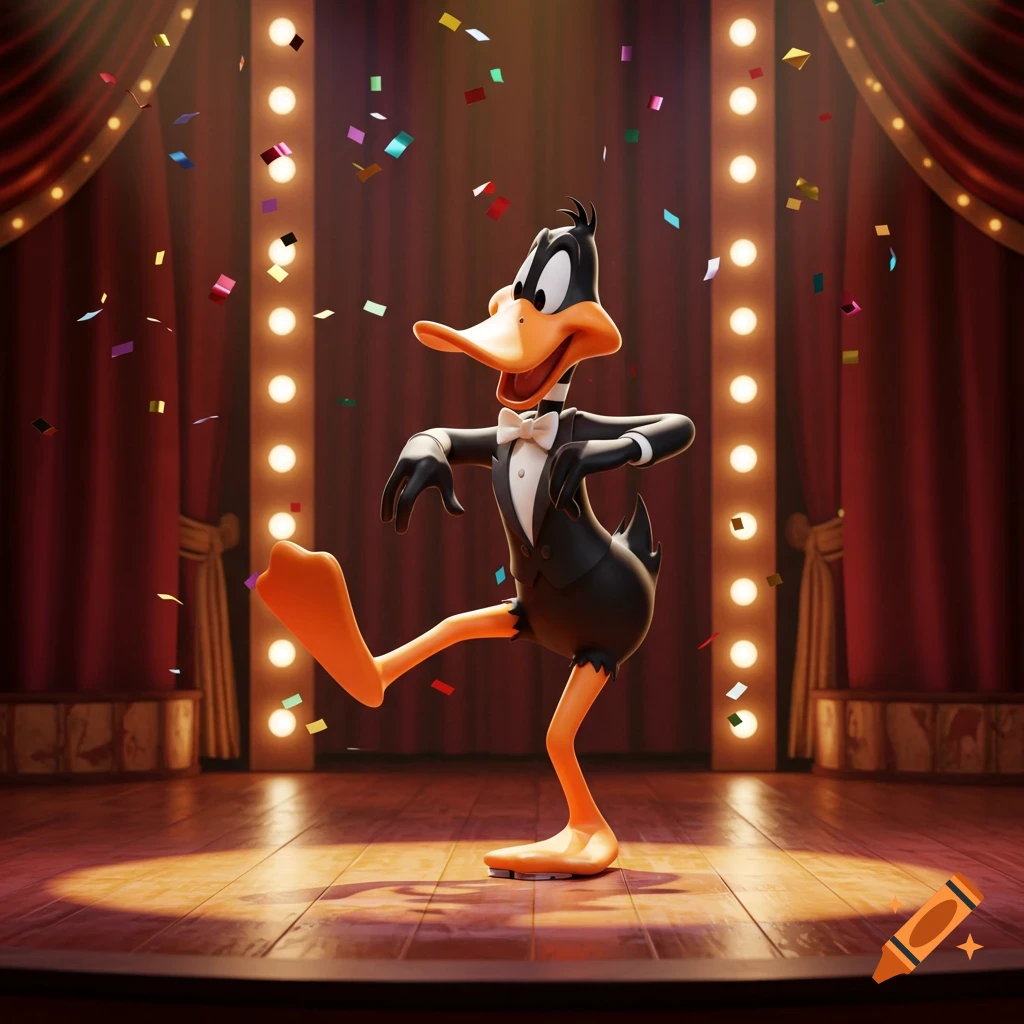 Daffy Duck in a tuxedo tap dances on a stage with confetti falling on ...