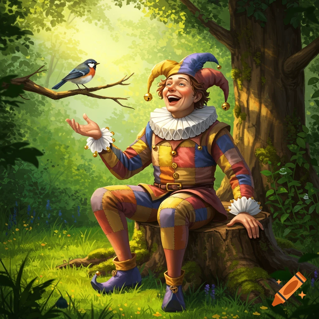 A jester in a patchwork costume sits on a stump looking at a bird on a ...