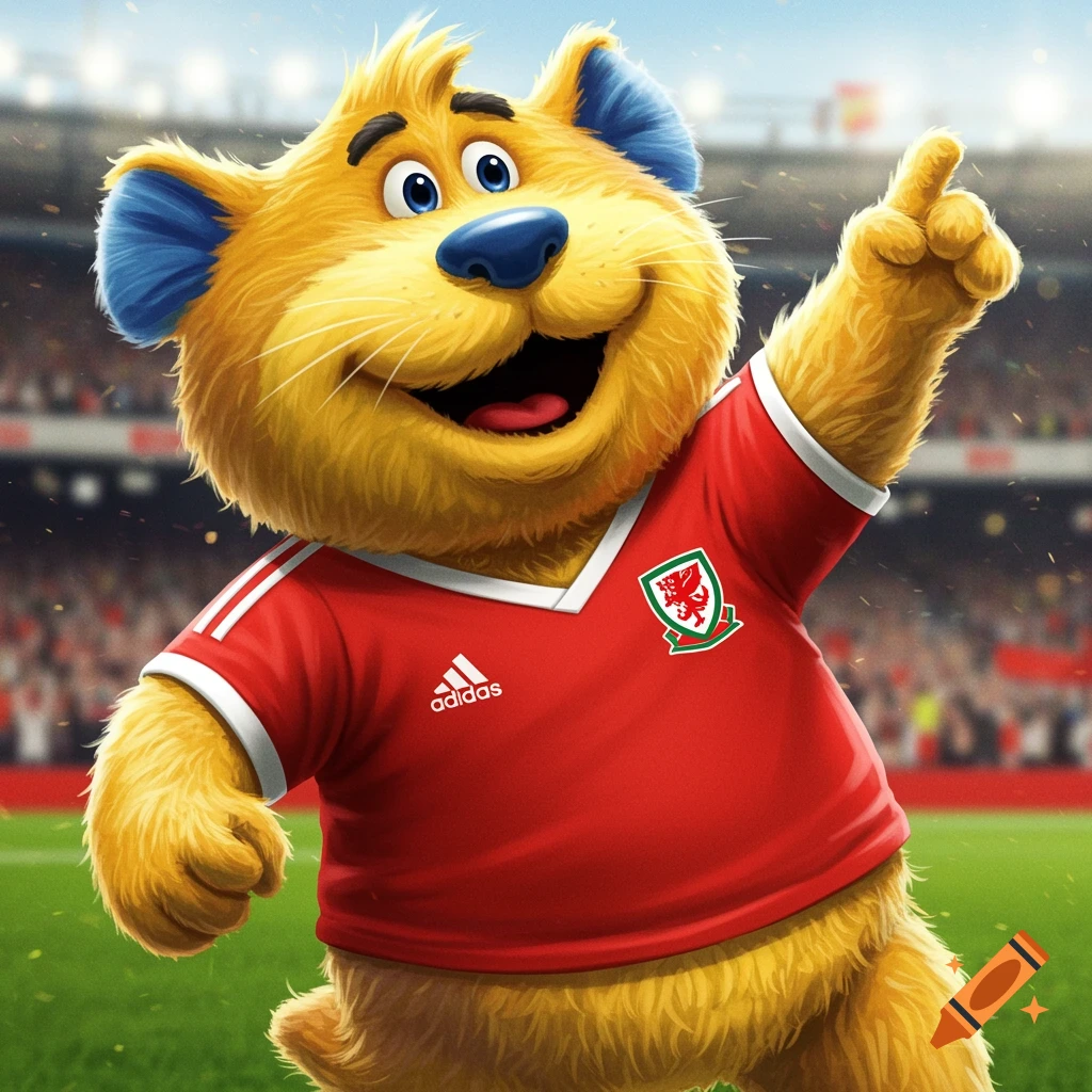 A yellow furry mascot in a red Wales football shirt stands in a stadium ...