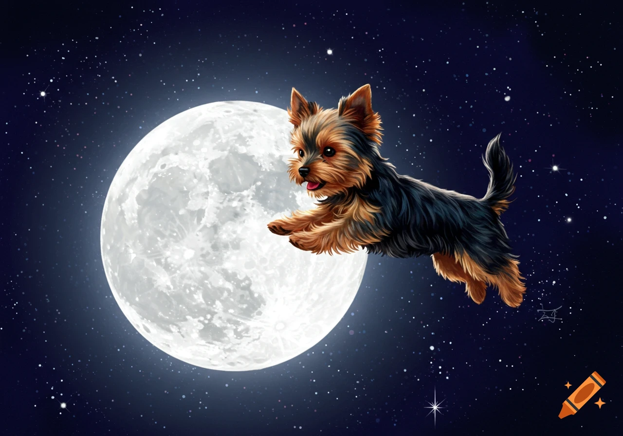 A Yorkshire terrier dog jumps over the full moon in a starry night sky ...