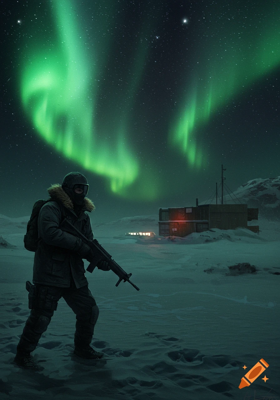 Person in tactical gear with rifle in snowy arctic landscape under ...
