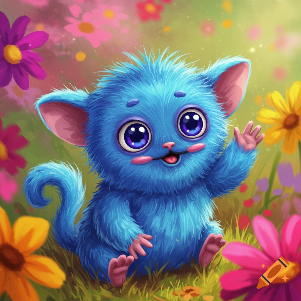 A cute blue fluffy fantasy creature sits in a field of colorful flowers ...