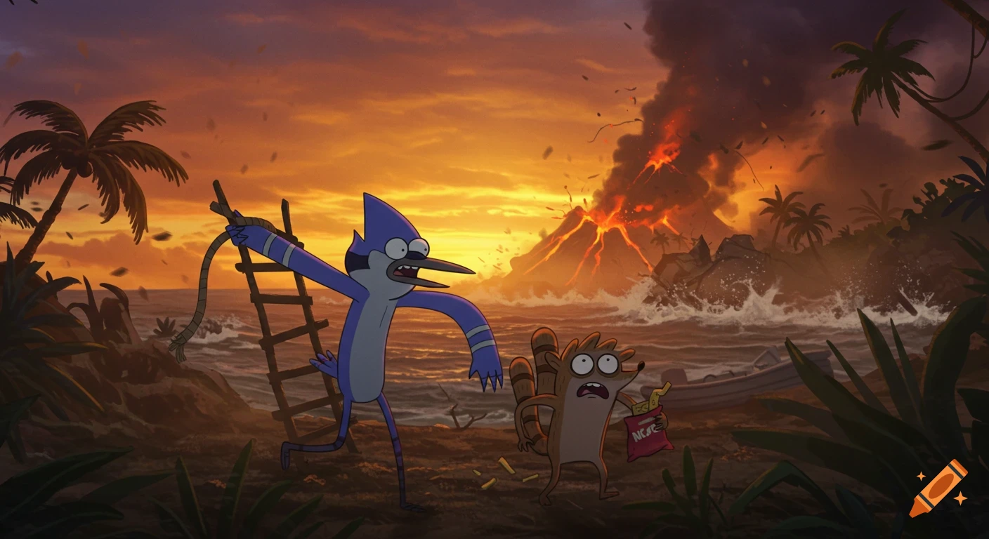 Cartoon characters escaping a volcanic eruption on a tropical island at ...