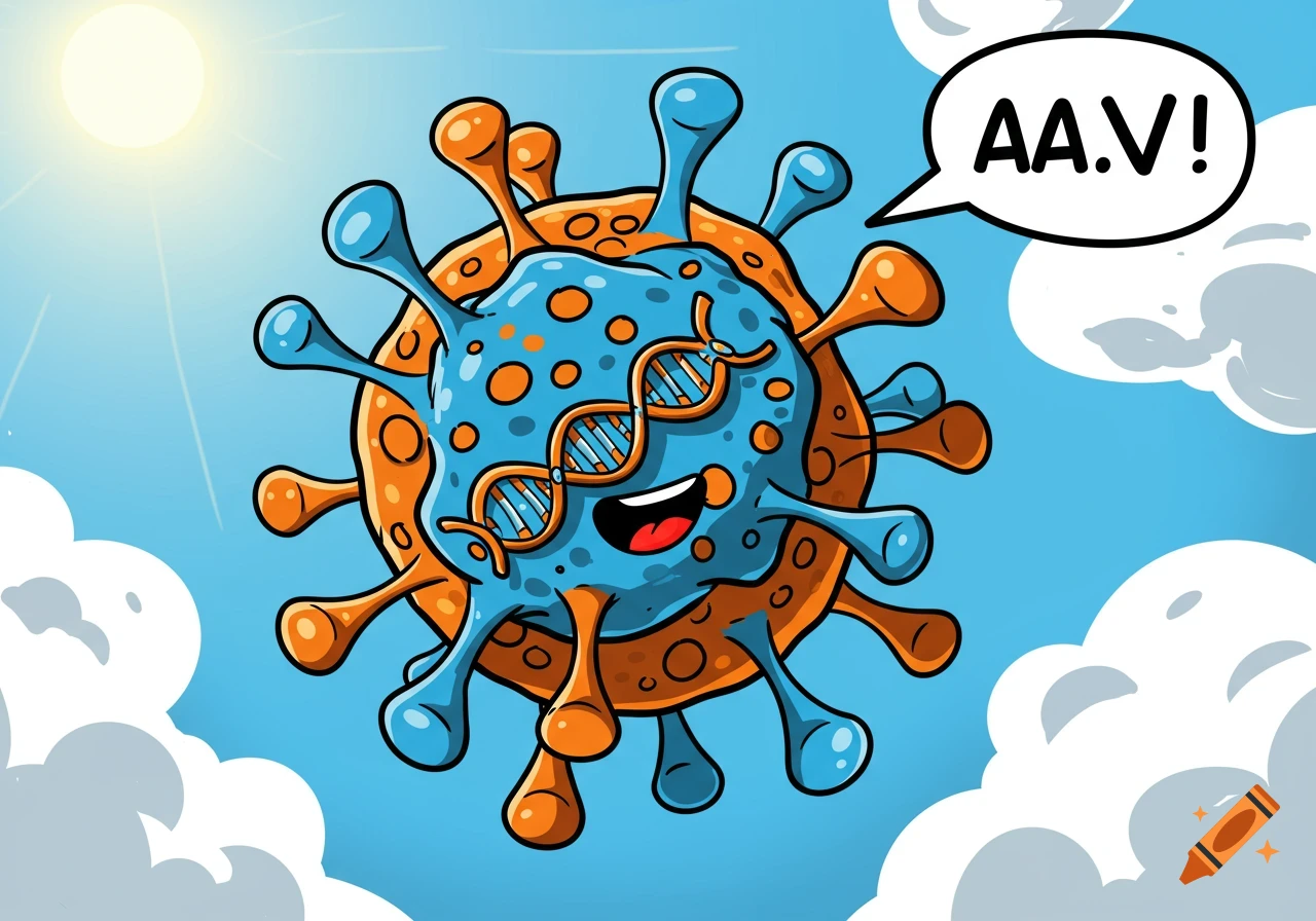 Cartoon AAV virus with a speech bubble in a sunny sky. on Craiyon