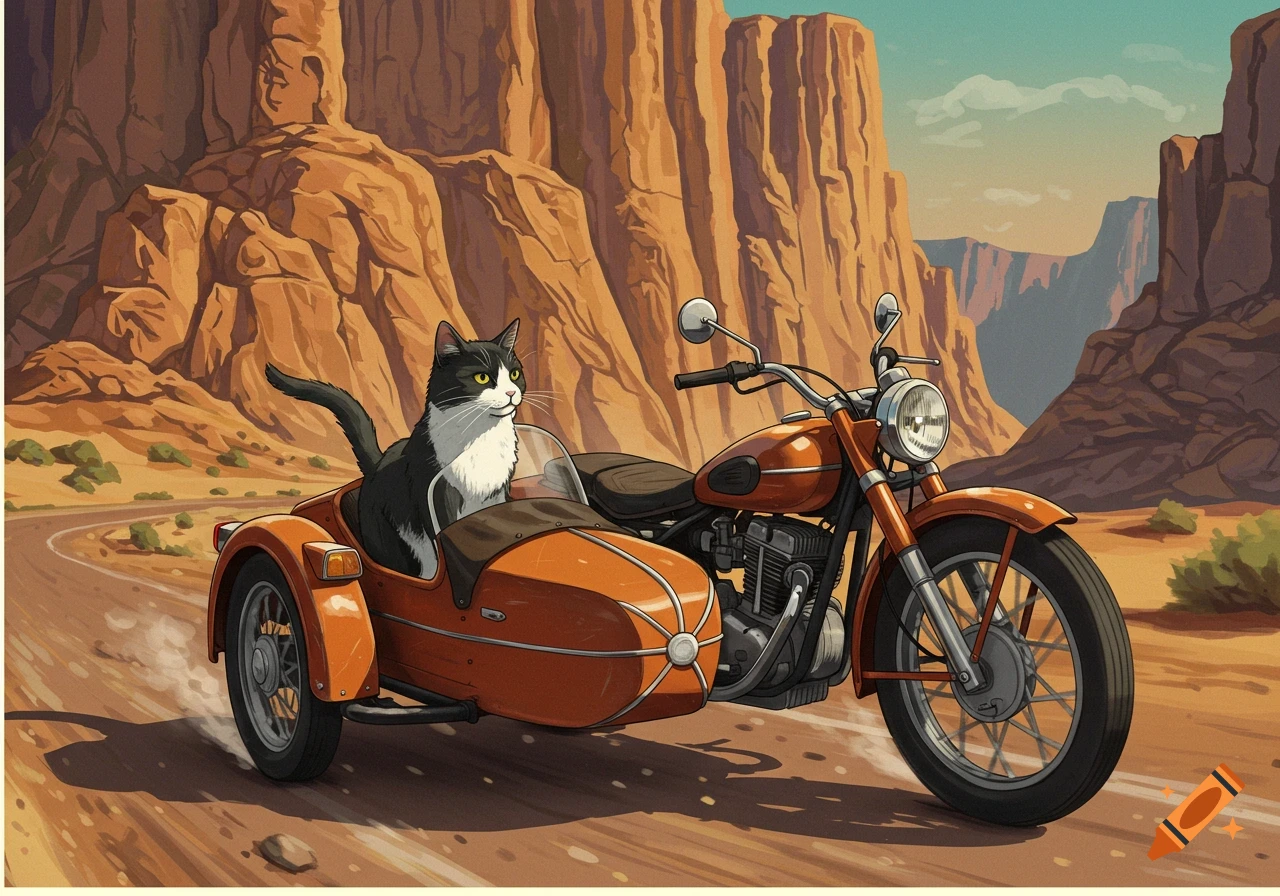 A black and white cat rides in an orange motorcycle sidecar through a ...