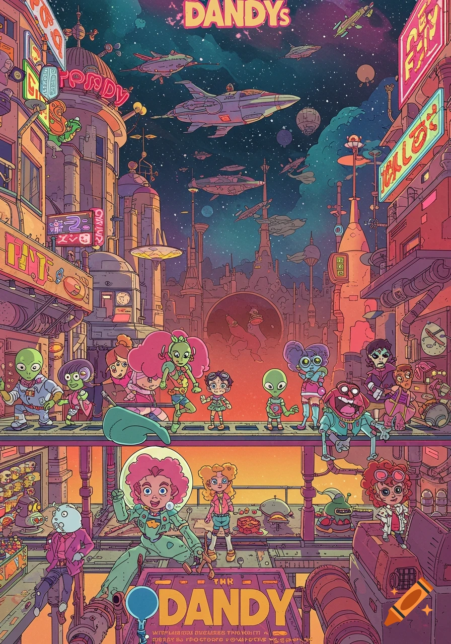 Cartoon aliens and humans in a colorful sci-fi city with spaceships. on ...