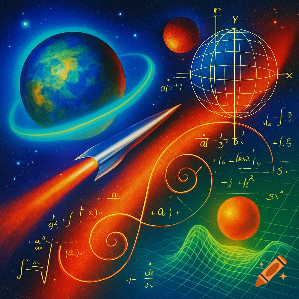 Space illustration with rocket, planet, mathematical formulas, and a ...