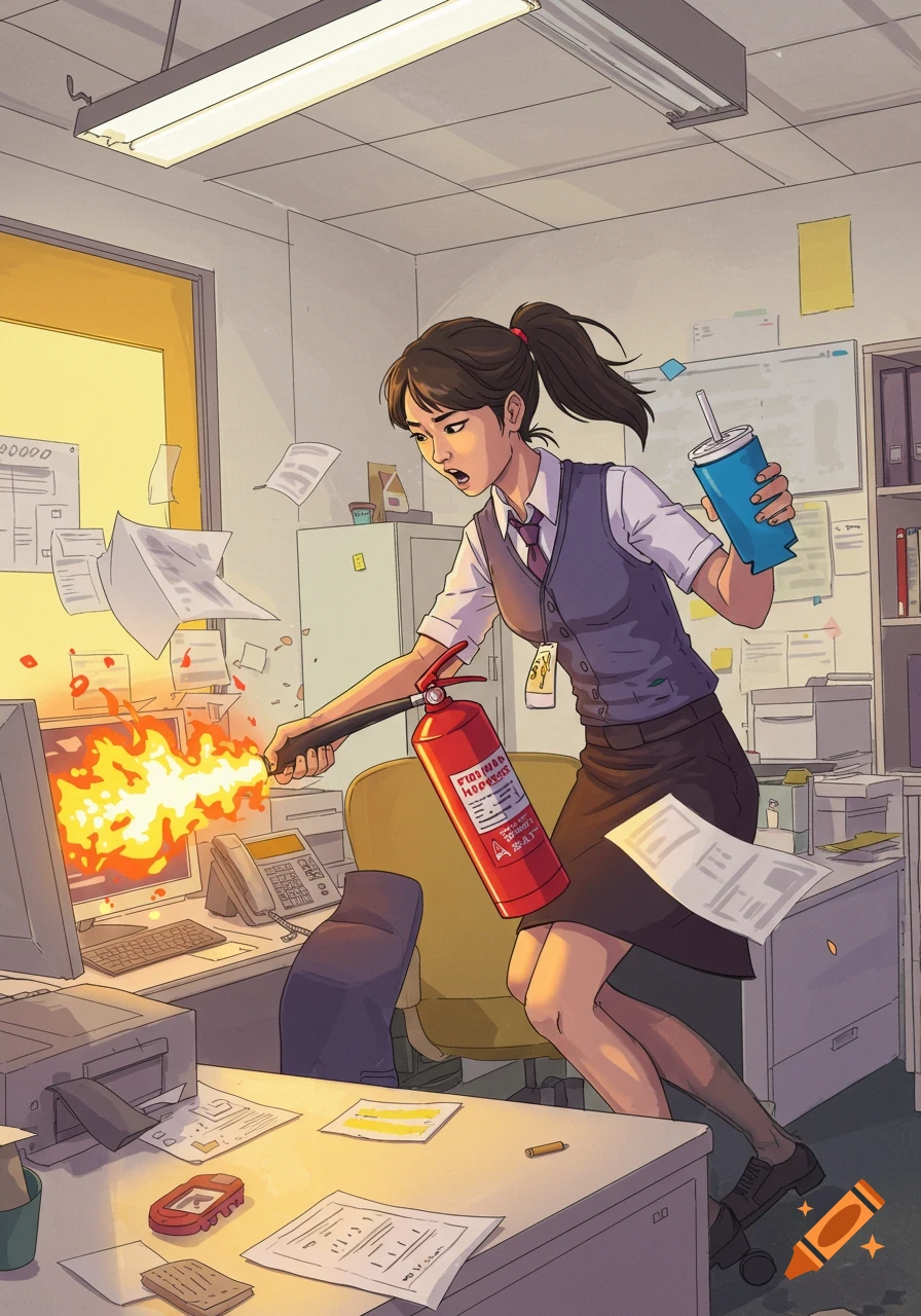 Illustrated office worker uses a fire extinguisher on a computer ...