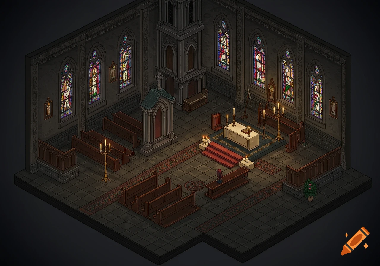 Isometric pixel art view of a gothic church interior with pews and ...