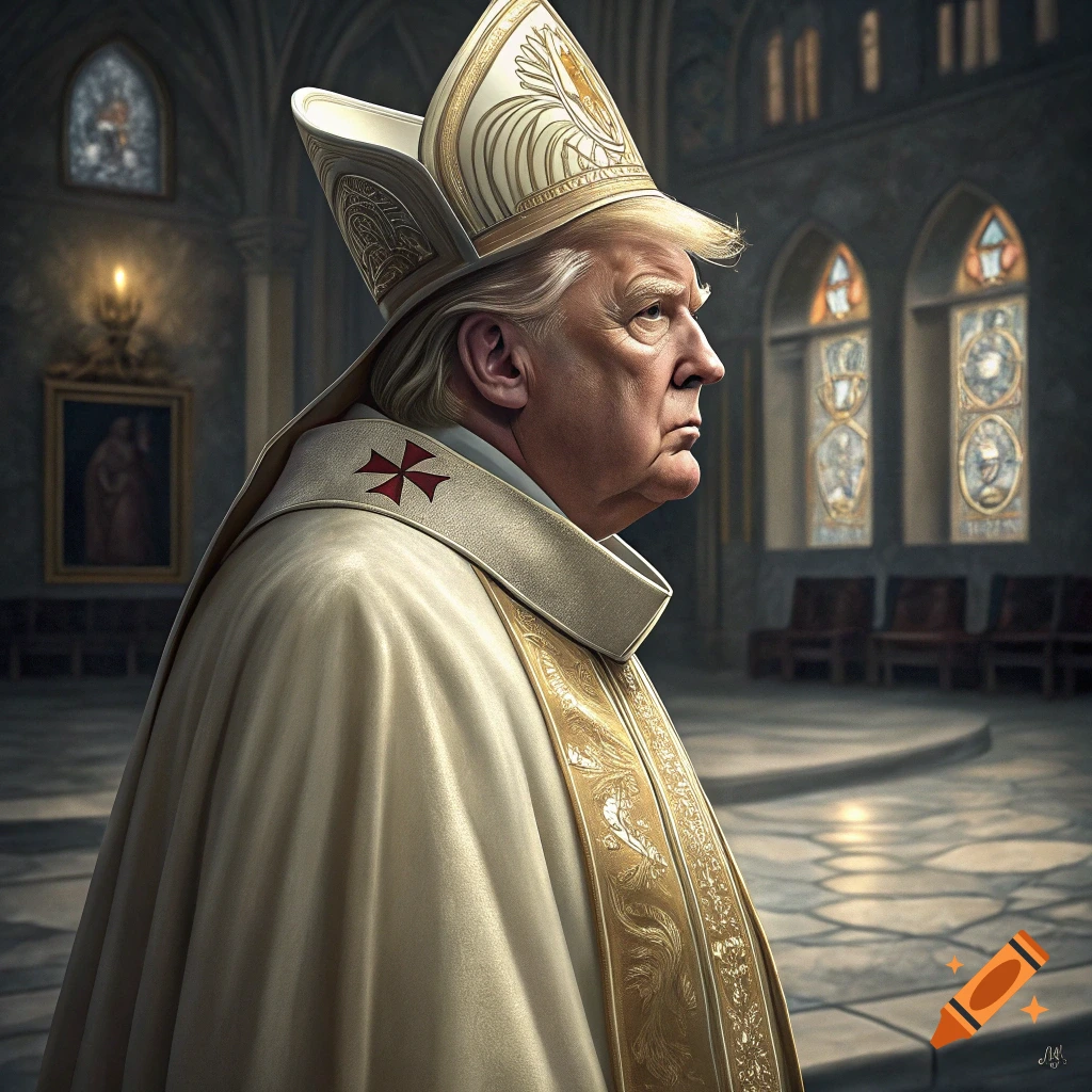 Donald Trump in profile view, dressed as a Pope, standing in a large ...