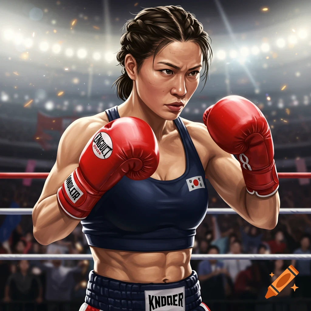 A female boxer in a ring, wearing red gloves and a blue top, in a ...