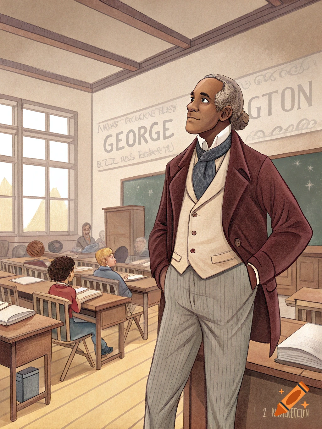 Illustration of George Washington standing in a classroom as a teacher ...