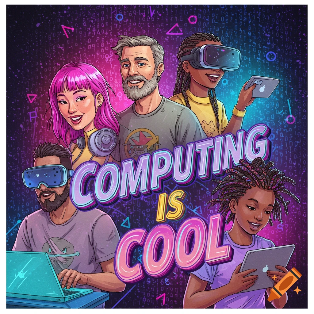 Illustration of four diverse people using technology with the text ...