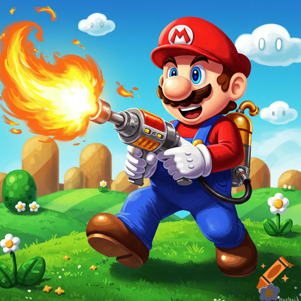 Mario running with a flamethrower in a Super Mario Bros style landscape ...