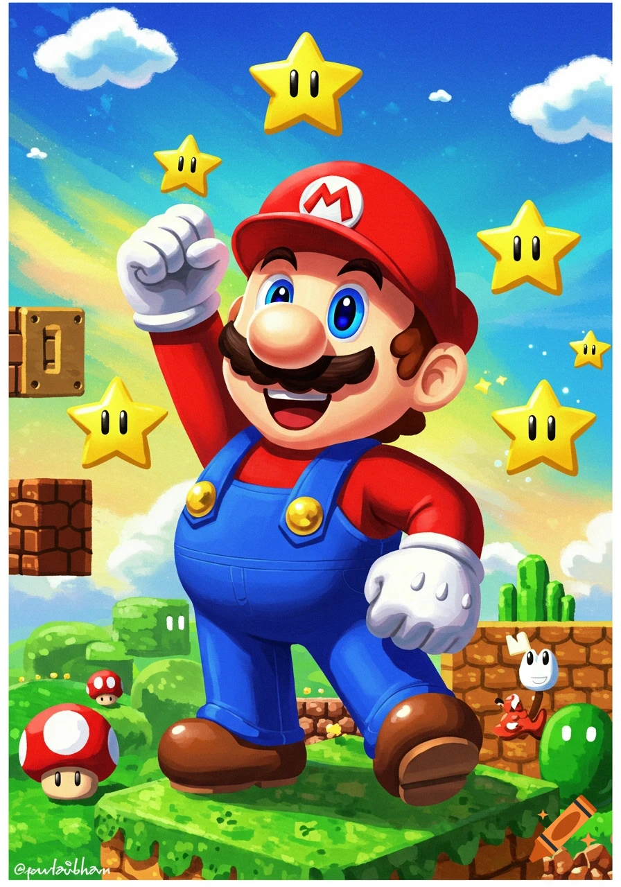 Stylized illustration of Mario in a Super Mario Bros. level, surrounded ...