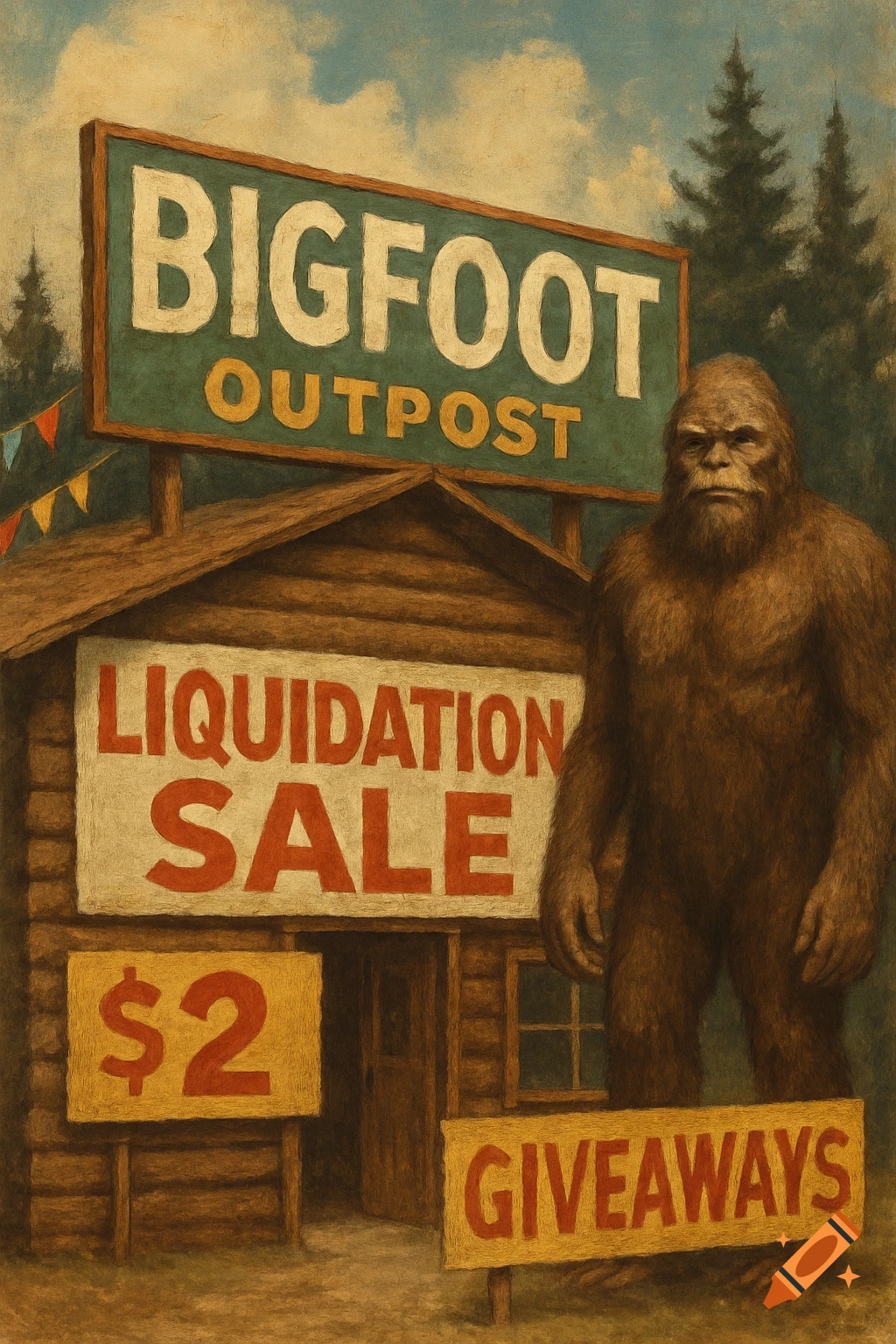 An illustration of a Bigfoot standing next to a rustic building with ...