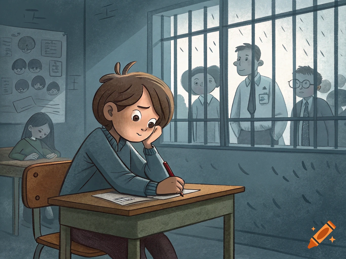 A sad boy writes at a desk in a classroom with barred windows as adults ...