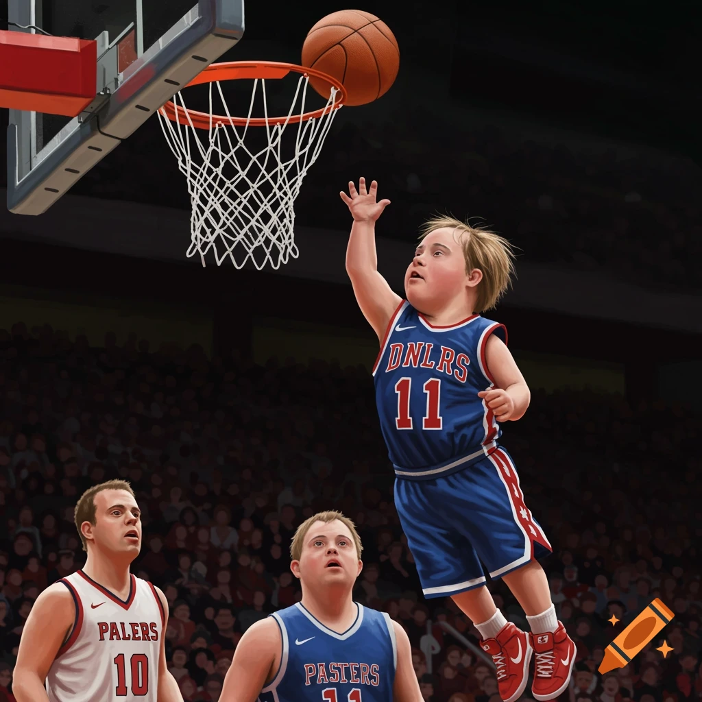 Young boy with Down Syndrome dunks a basketball during a game. on Craiyon