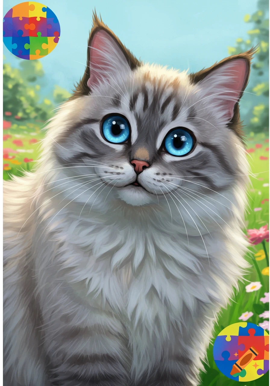 Fluffy cat with bright blue eyes in a sunny field with flowers and ...