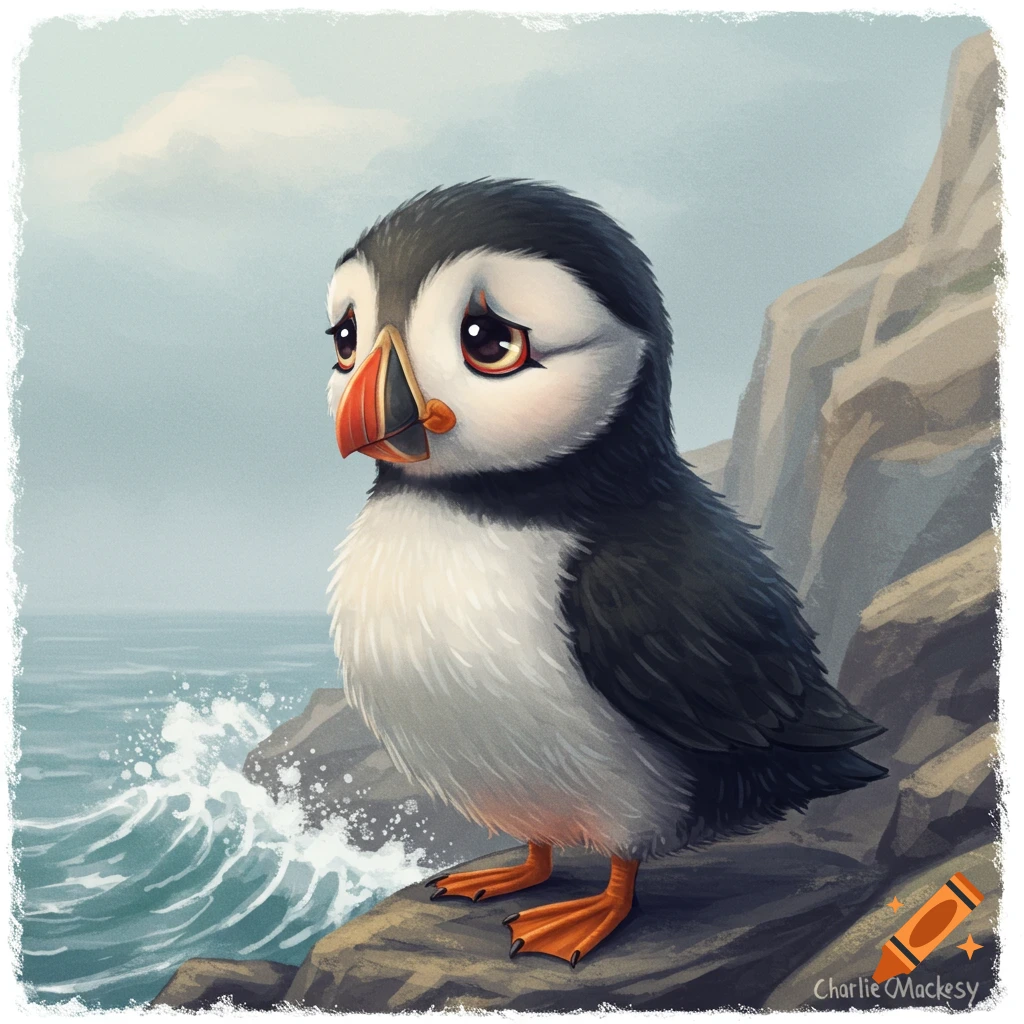 Cute puffin illustration sitting on a rocky cliff by the sea. on Craiyon