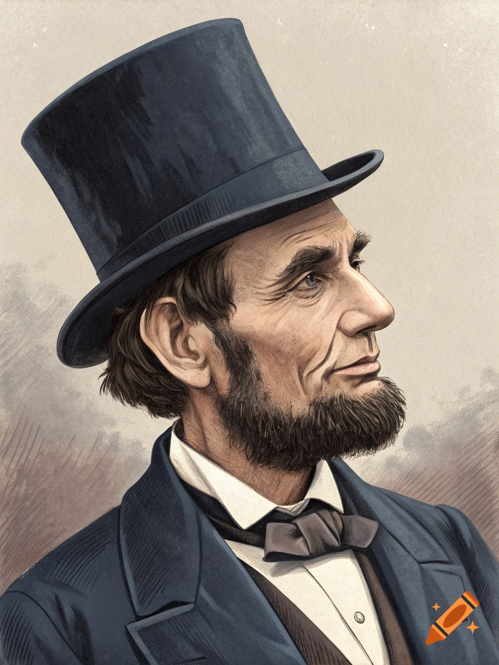 Illustrative portrait of Abraham Lincoln in a top hat and suit. on Craiyon
