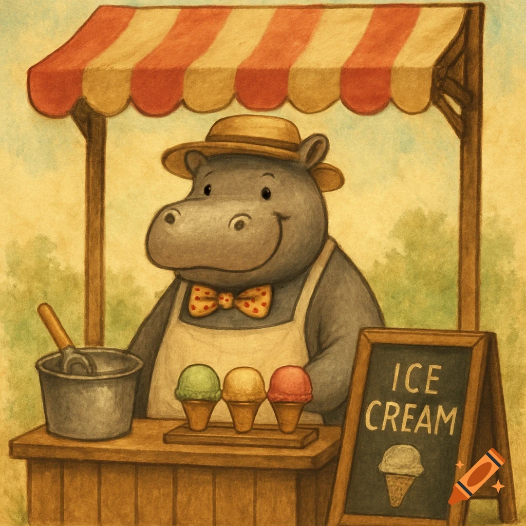 A friendly cartoon hippo sells ice cream at a stall. Illustration. on ...