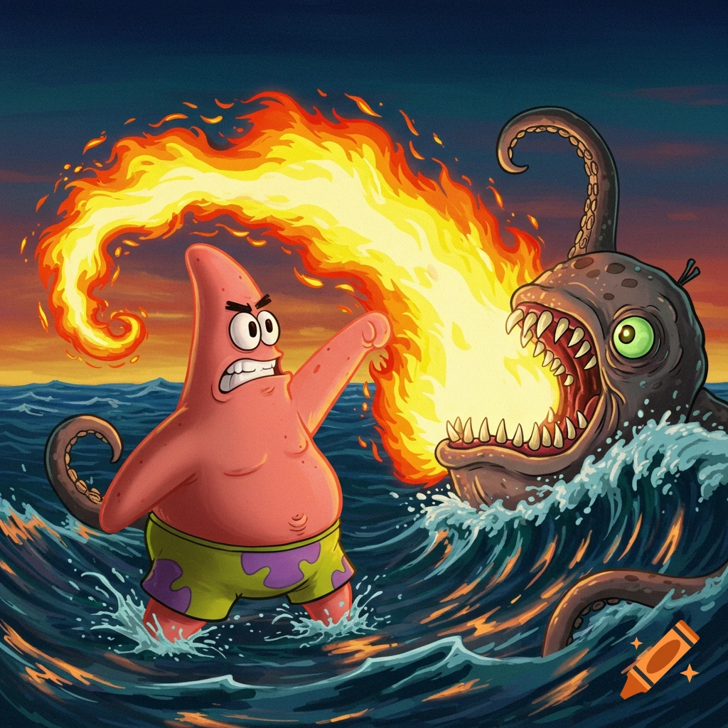 Patrick Star firebending against a sea monster in the ocean. on Craiyon