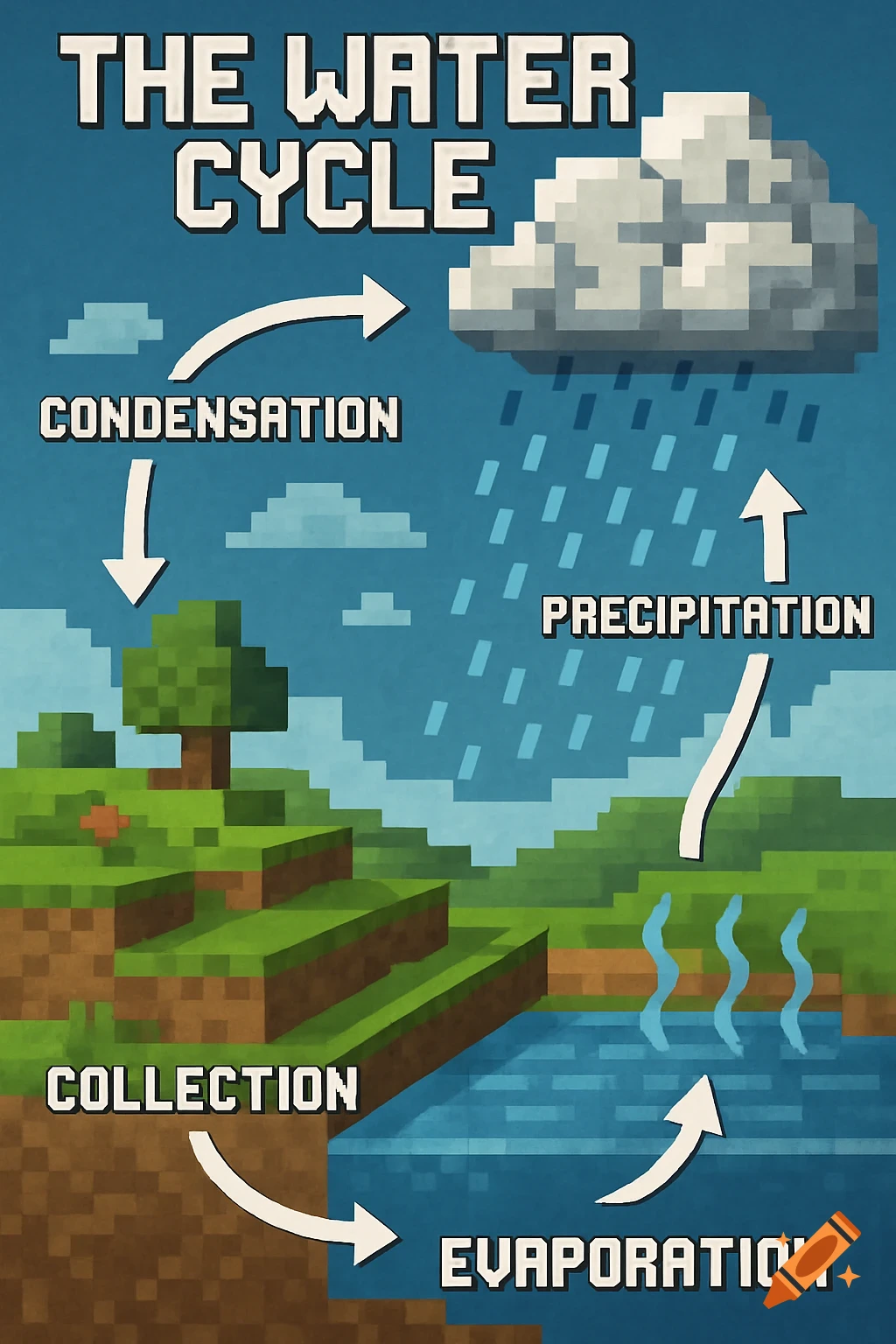 A Minecraft-style diagram illustrating the stages of the water cycle ...