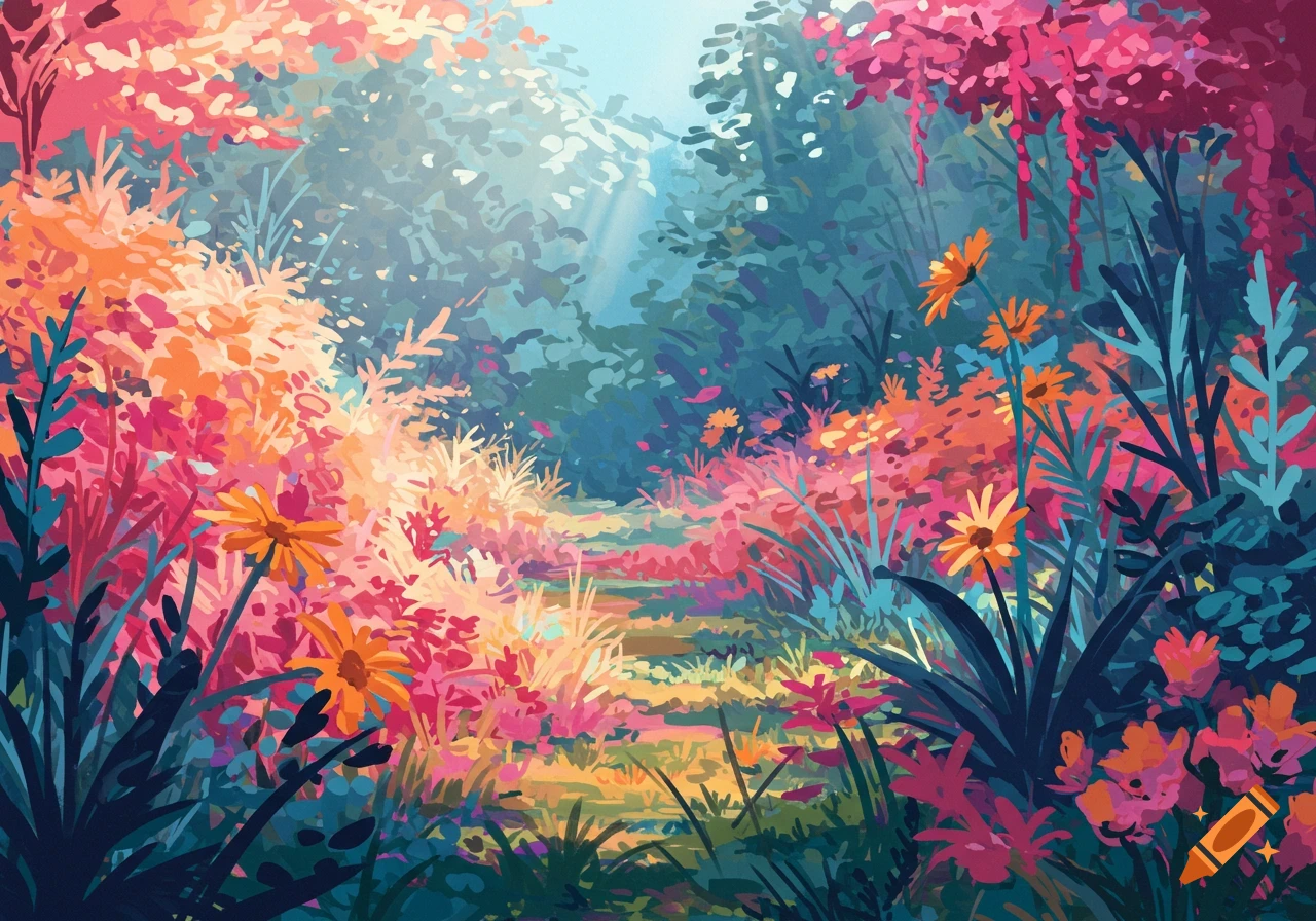 Vibrant stylized painting of a path through a colorful fantasy forest ...