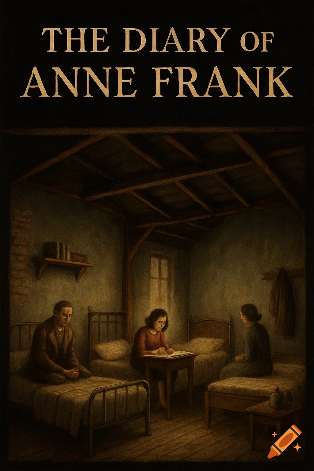 Illustration of a scene from The Diary of Anne Frank with title text on ...