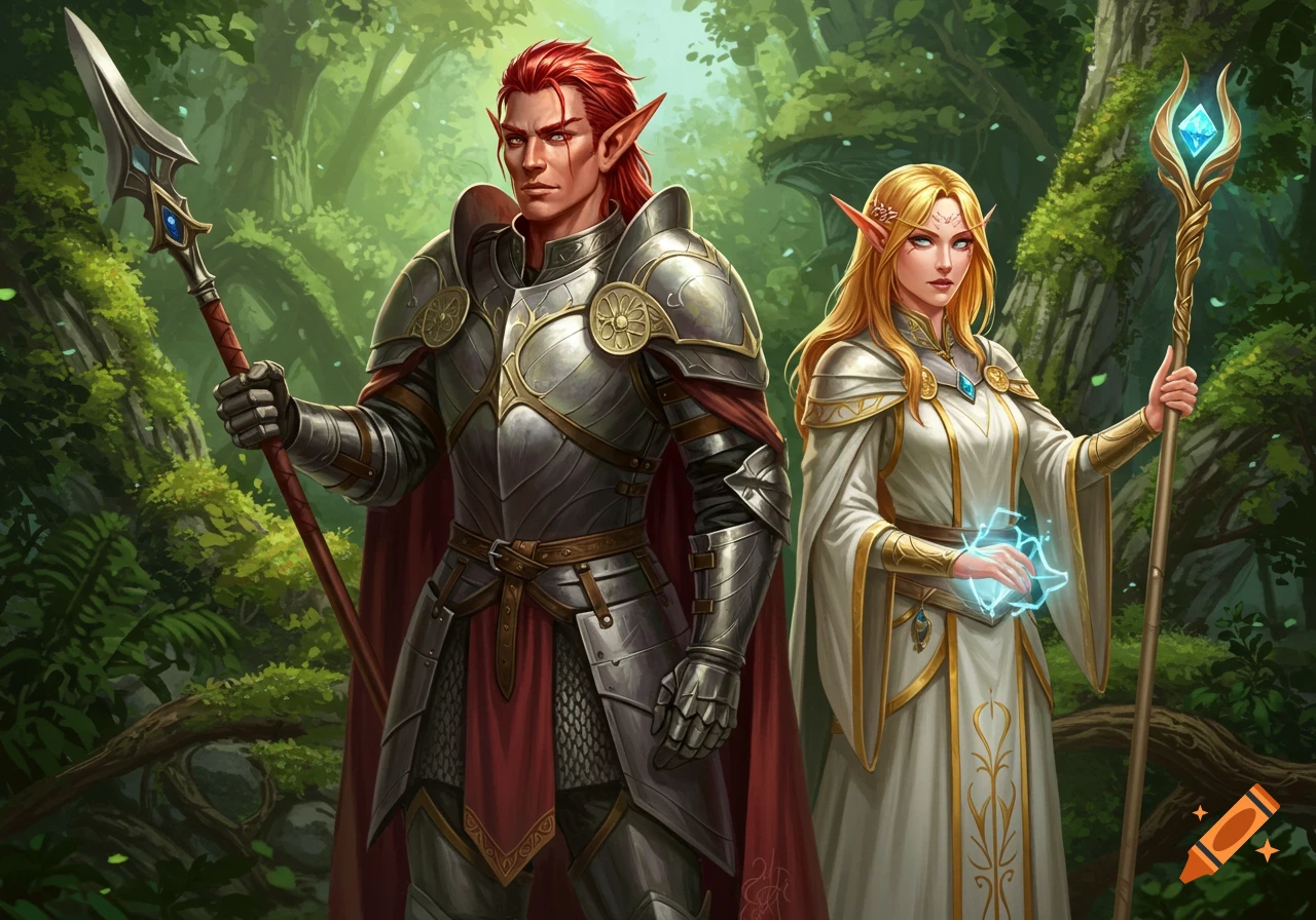 A male elf warrior and female elf cleric stand in a forest. on Craiyon