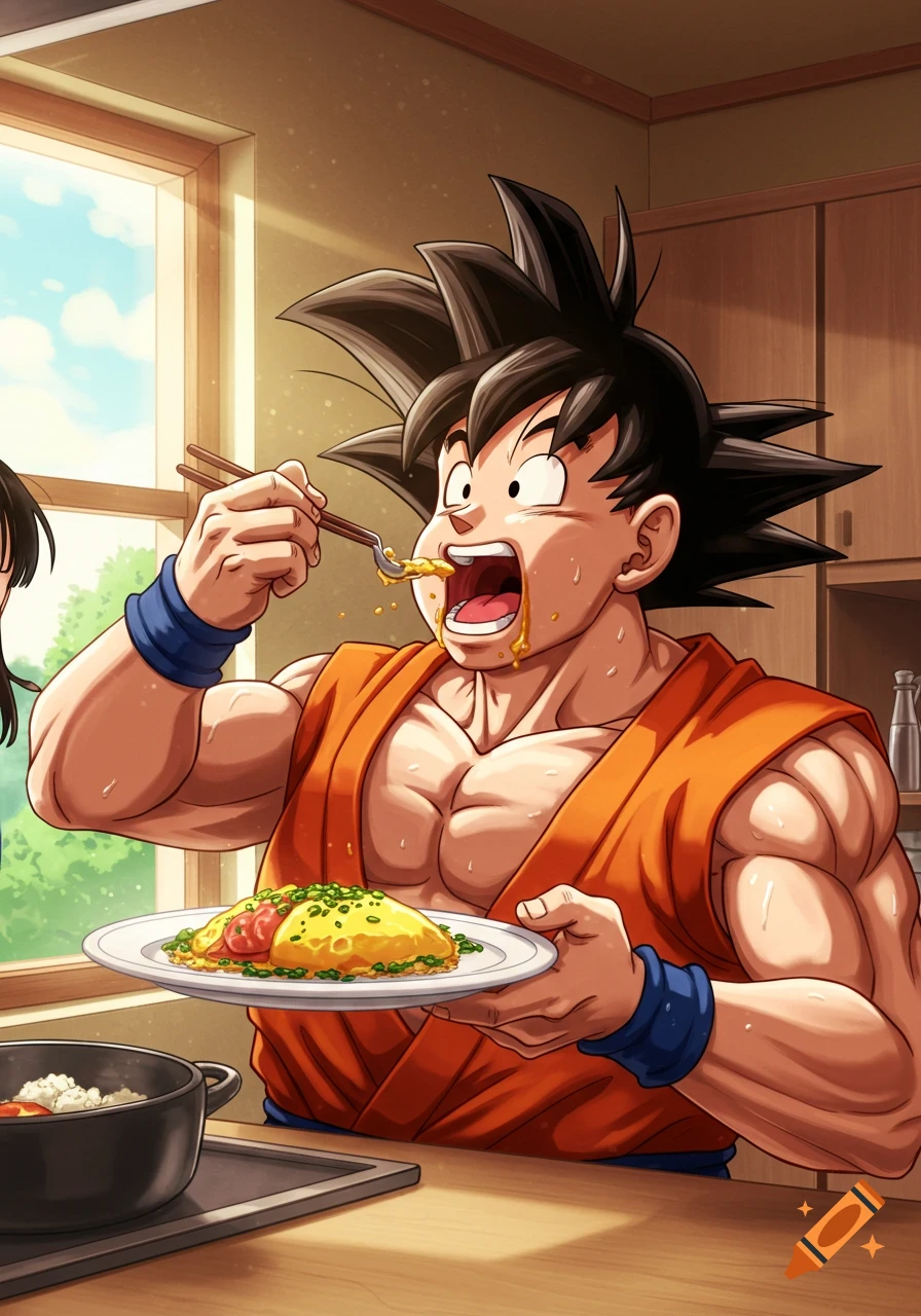Goku from Dragon Ball eating omelette rice with chopsticks and a fork ...