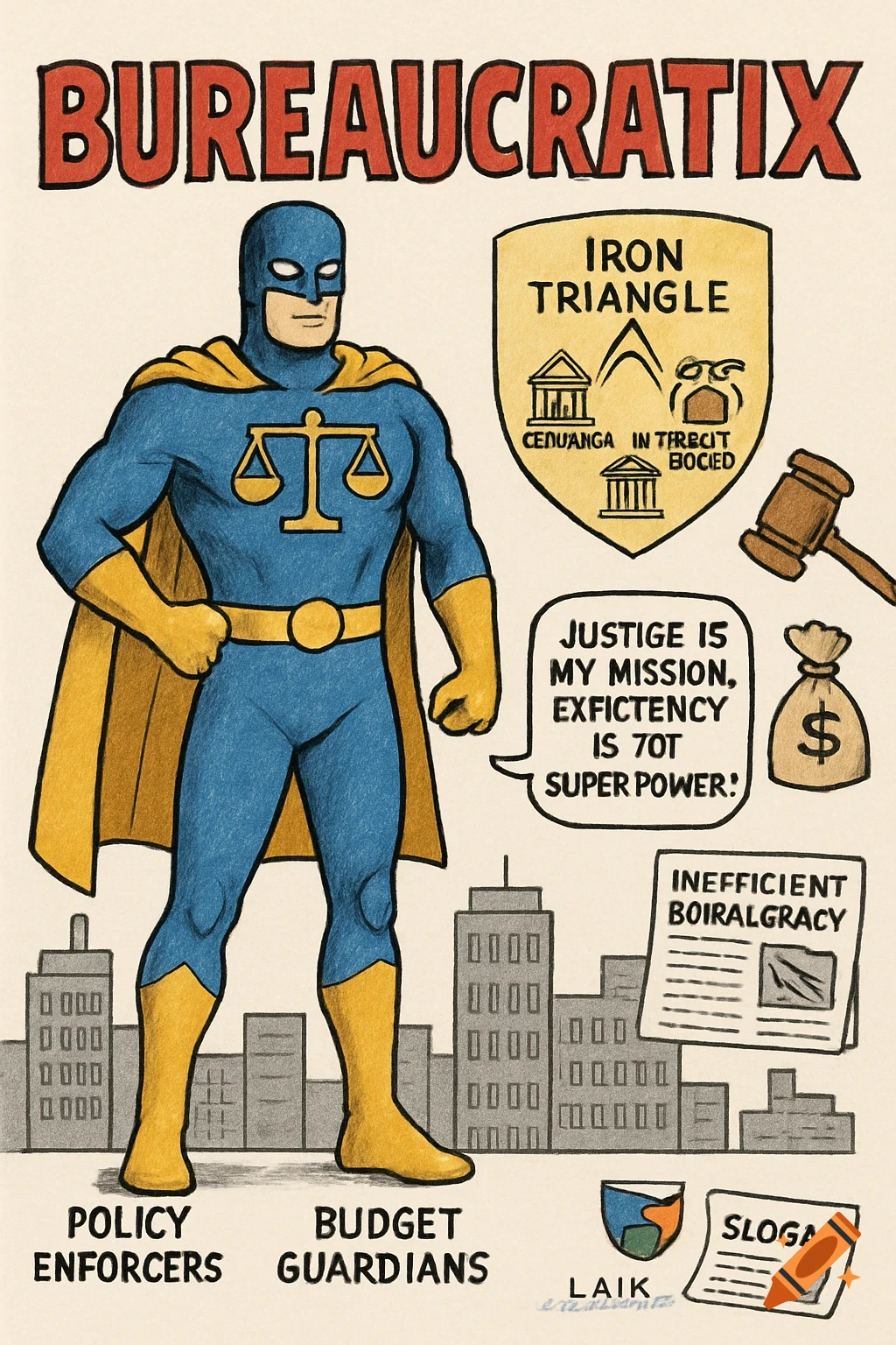 A cartoon drawing of a superhero in blue and gold with a scales emblem ...