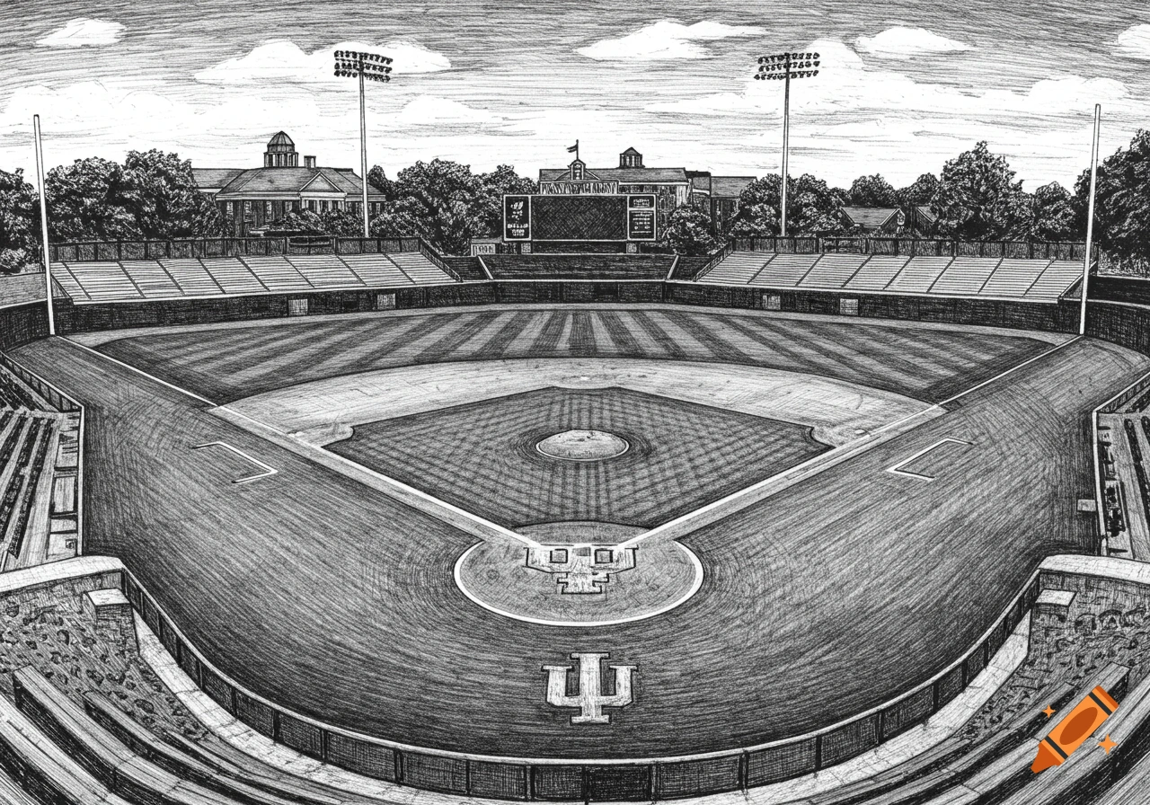 Black and white pen drawing of a baseball field with stadium seating ...
