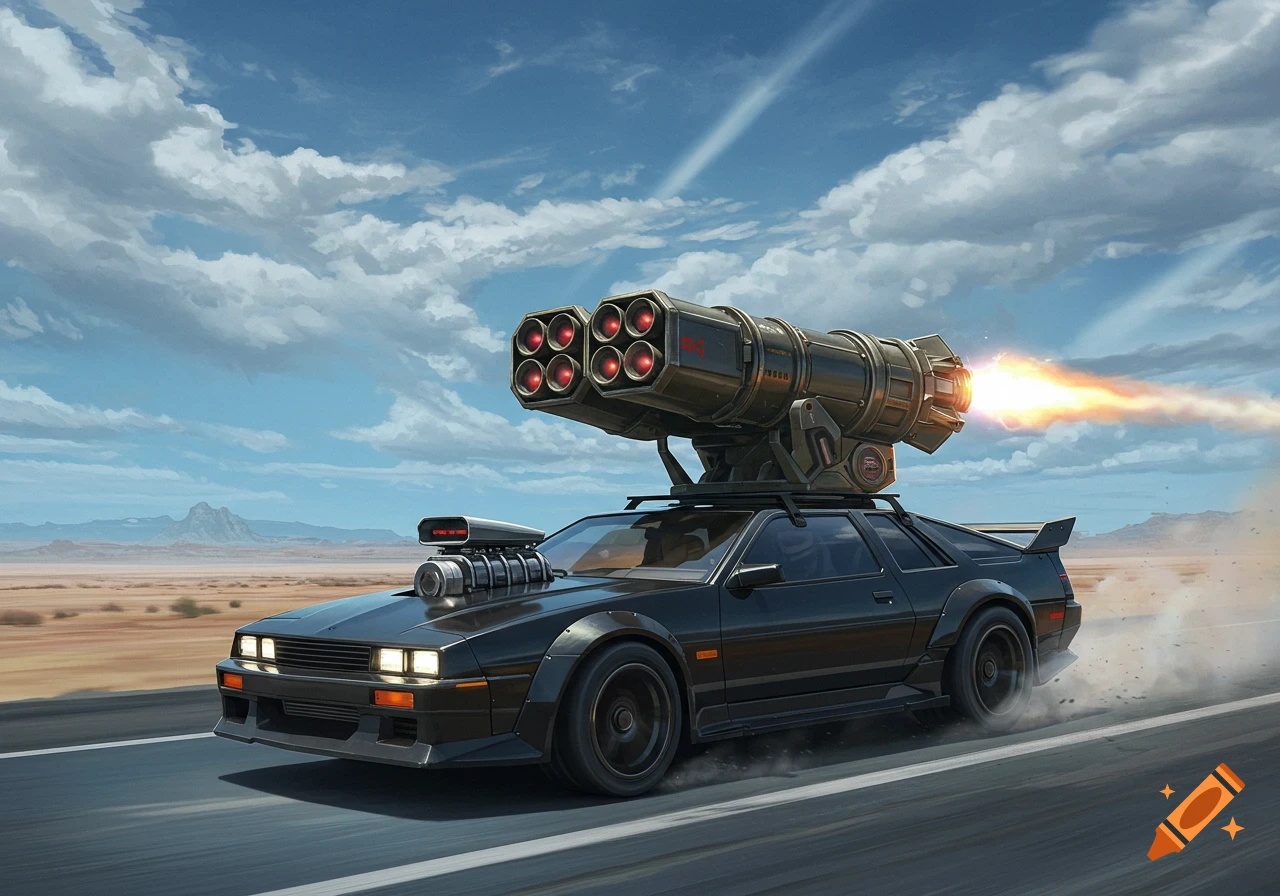 A black car with a large rocket launcher mounted on its roof drives ...